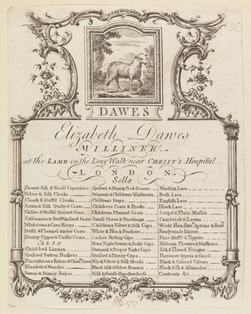 Elizabeth Dawes, milliner, at the Lamb in the Long Walk near Christ's ...